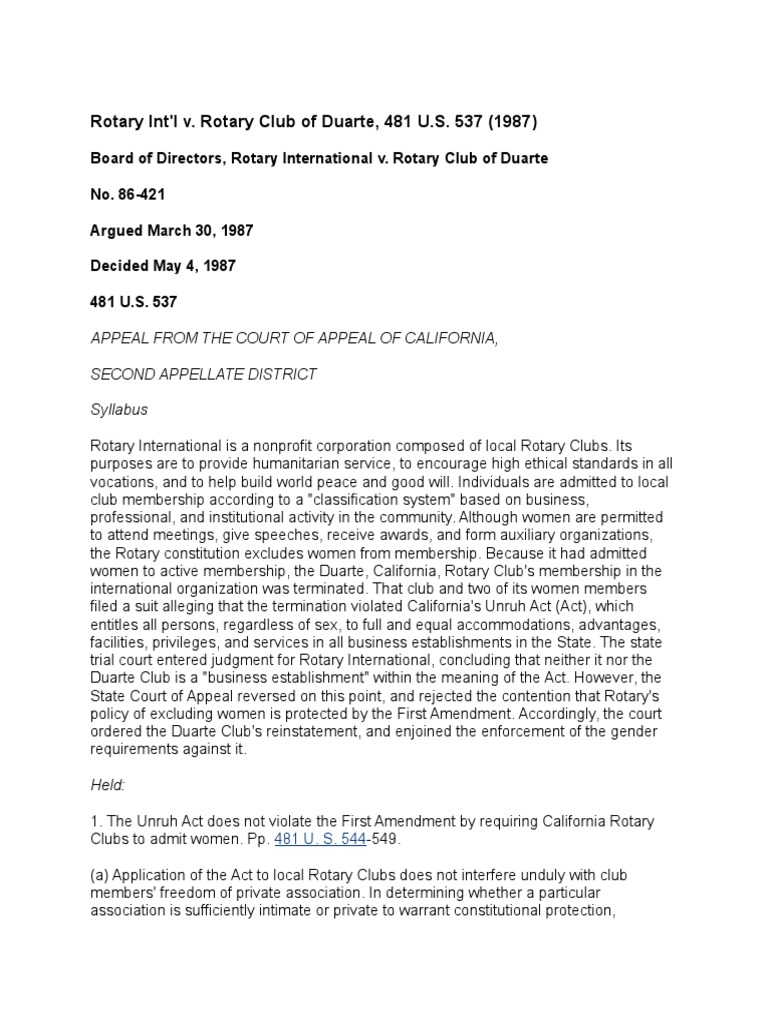 Rotary Int'l v. Rotary Club, 481 U.S. 537 | PDF | First Amendment To ...