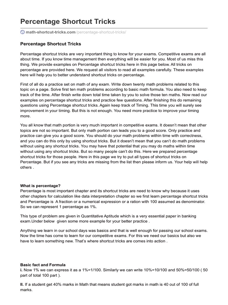 Math Shortcut Tricks - Com Percentage Shortcut Tricks | PDF | Percentage | Fraction (Mathematics)