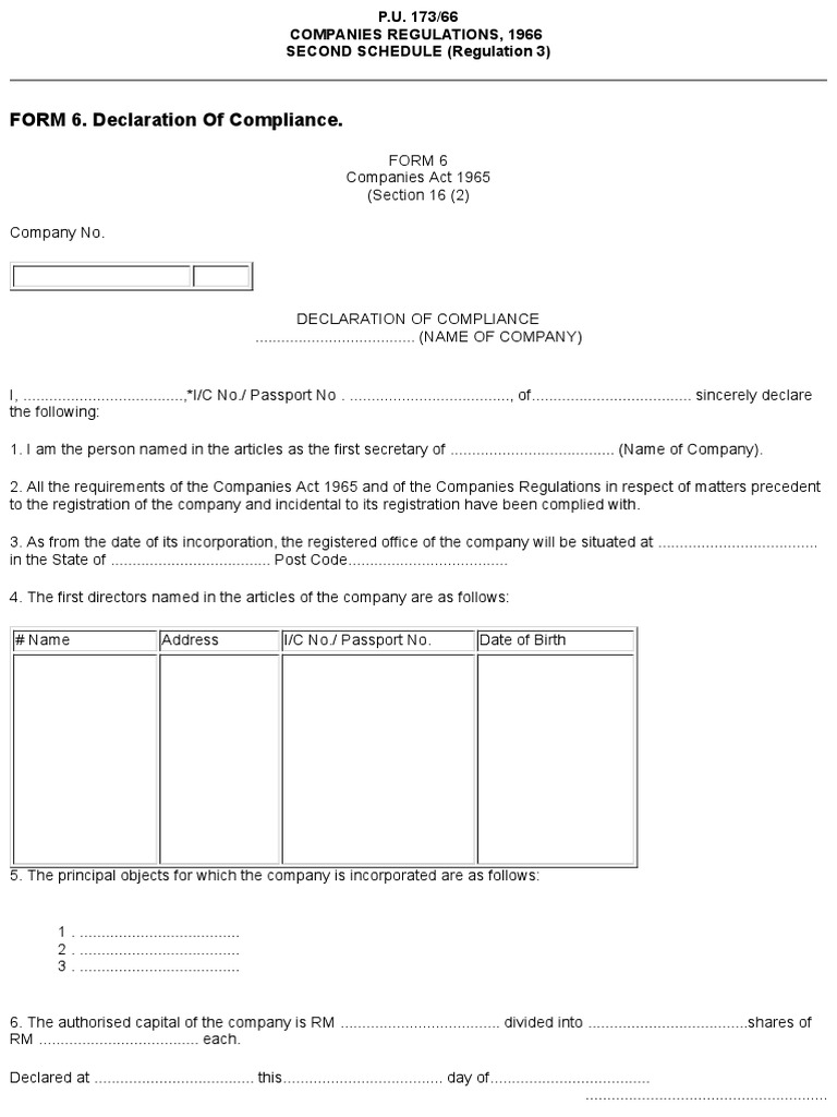 FORM 6. Declaration of Compliance. (COMPANIES REGULATIONS, 1966 - P.U ...