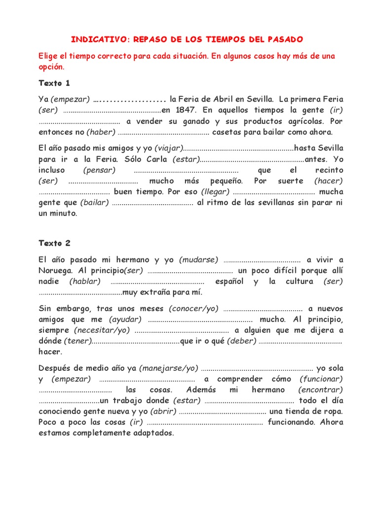 Ejercicios Con Los Tiempos Del Pasado Del Indicativo | PDF | Ocio