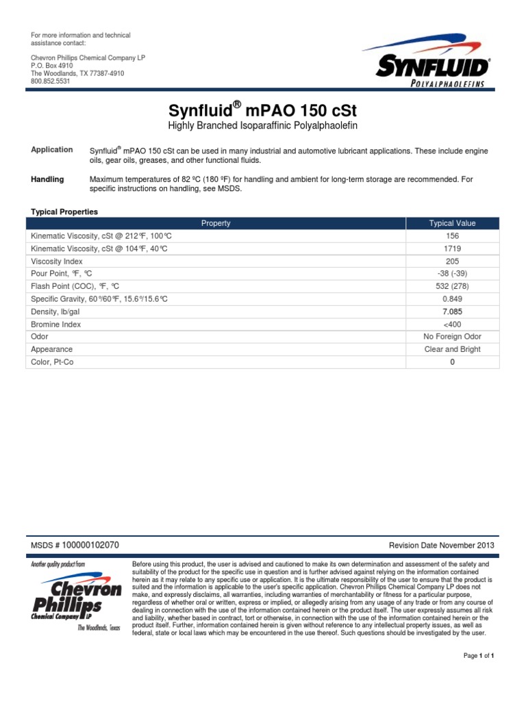 Synfluid MPAO 150 CST | PDF | Viscosity | Nature