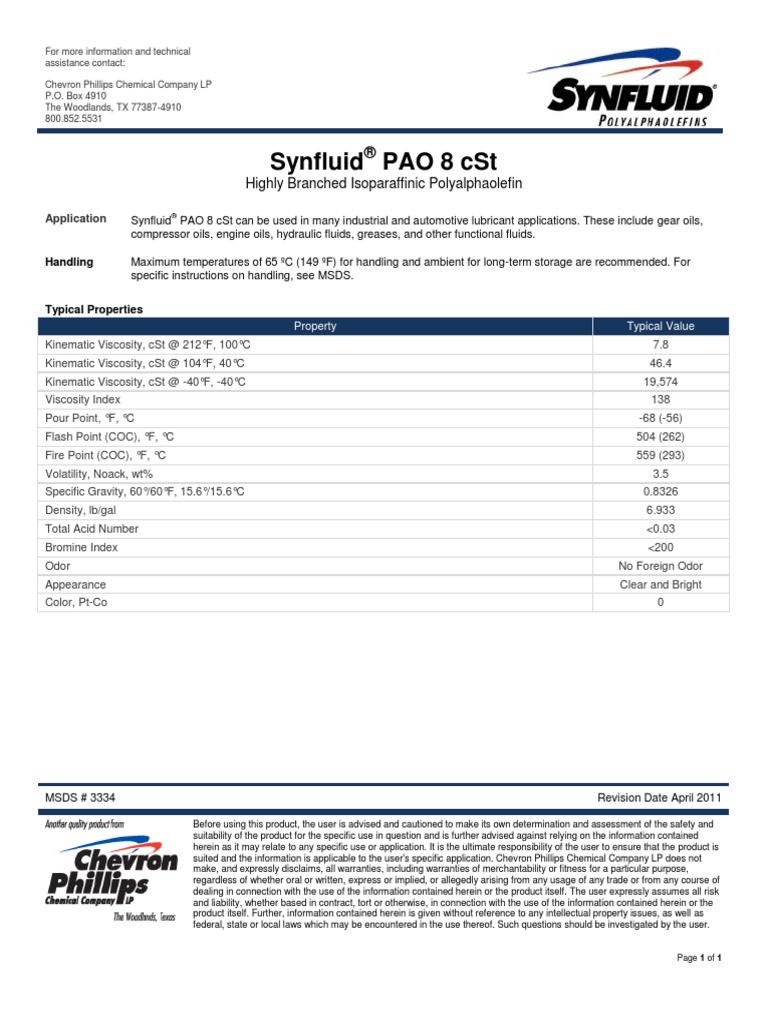 Synfluid PAO 8 CST | PDF | Viscosity | Motor Oil