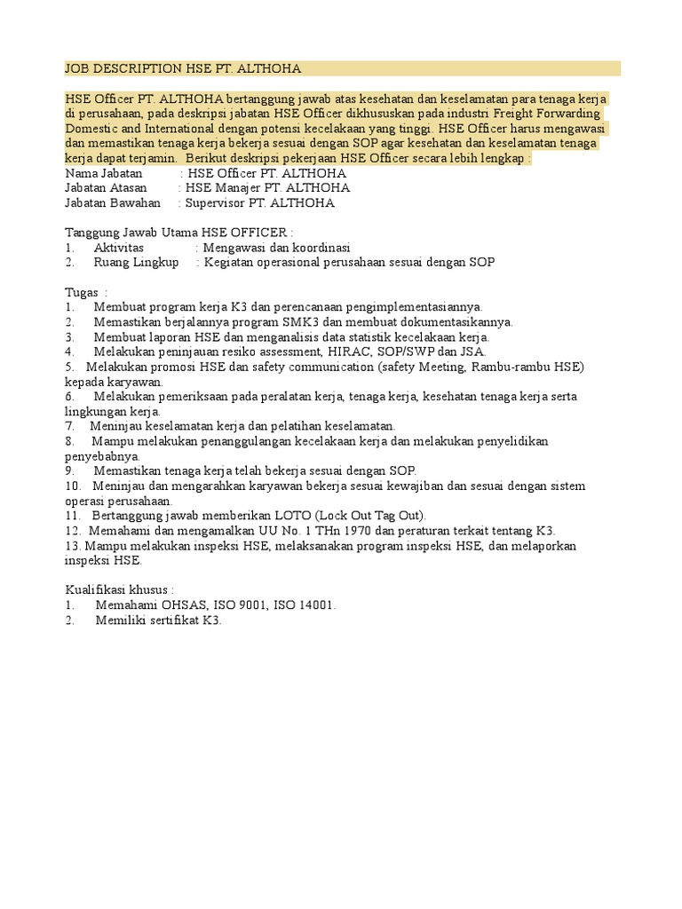 Job Description Hse PT | PDF