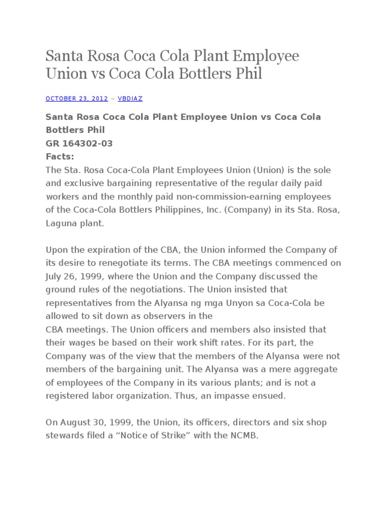 The Legality of a Strike by the Sta. Rosa Coca-Cola Plant Employees ...