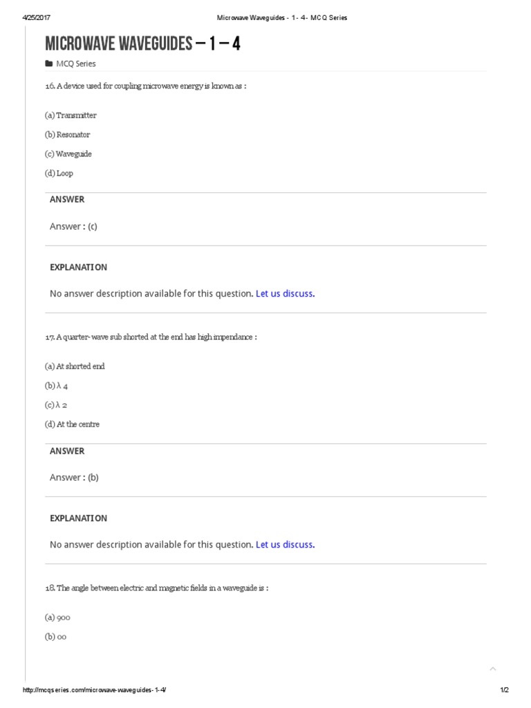 Microwave Waveguides - 1 - 4 - MCQ Series | PDF