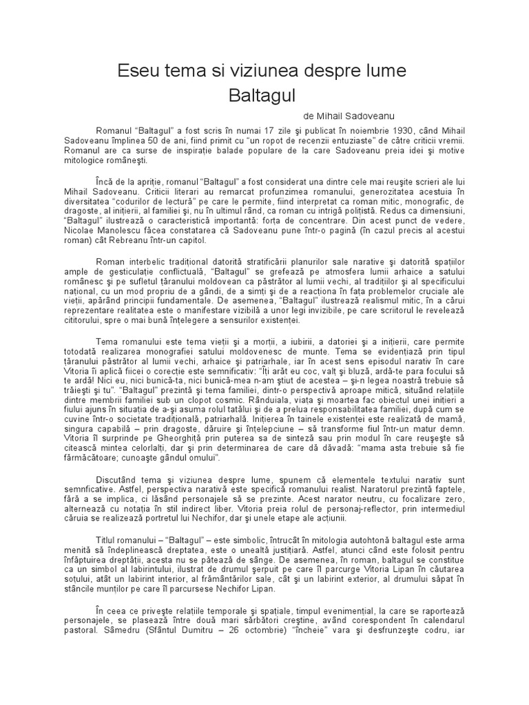 Eseu Tema Si Viziunea Despre Lume Baltagu | PDF