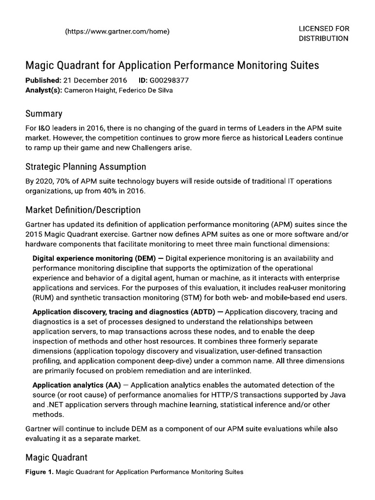 Gartner Magic Quadrant For Application Performance Monitoring Suitest | PDF
