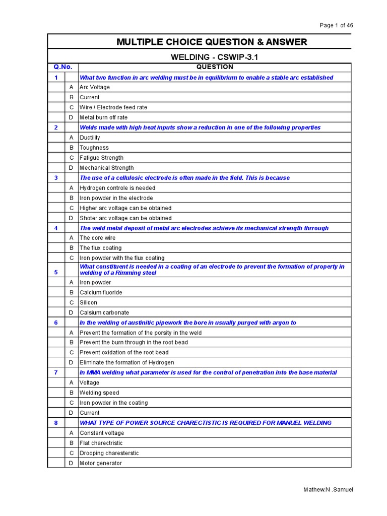 Multiple Choice Question & Answer: Welding - Cswip-3.1 | PDF