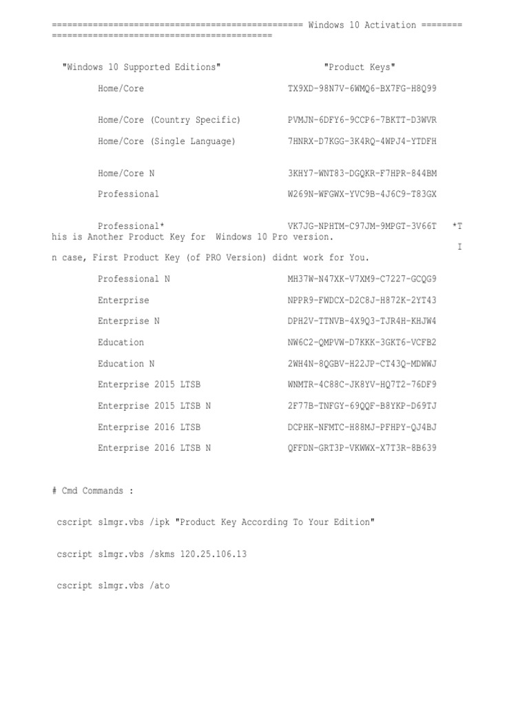 Windows 10 Product Keys and Activation Commands | PDF
