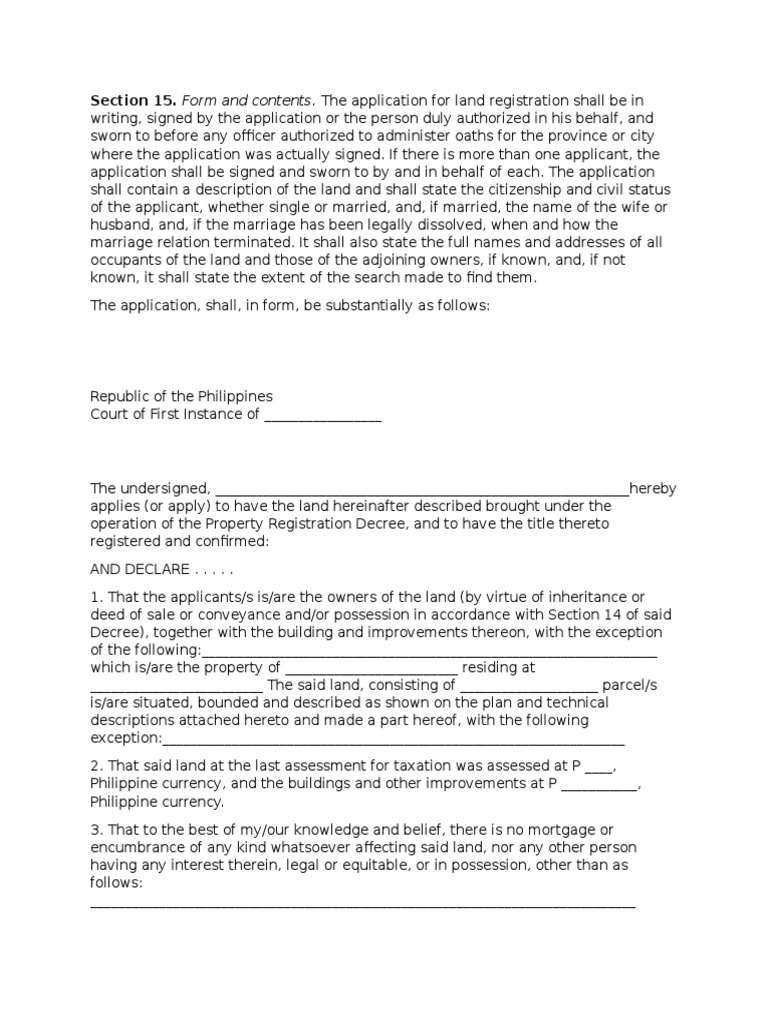 Section 15. Form and Contents. The Application For Land Registration ...