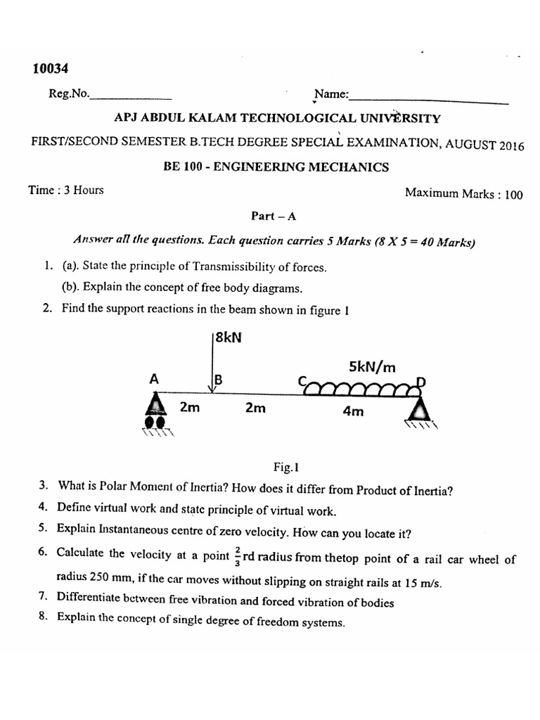 KTU BE 100 Engineering Mechanics Question Paper | PDF