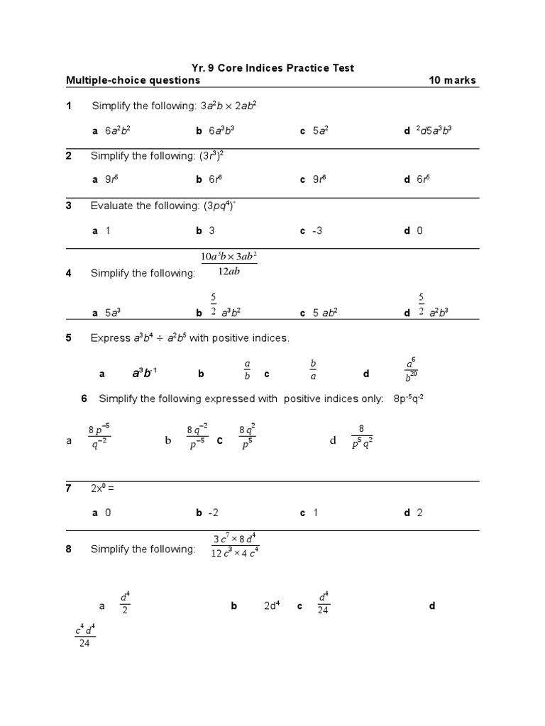 Year 9 Indices Practice Test | PDF | Mathematical Notation | Teaching ...