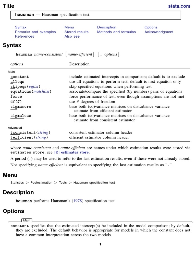 Stata Help Hausman Test PDF | PDF | Estimator | Covariance Matrix
