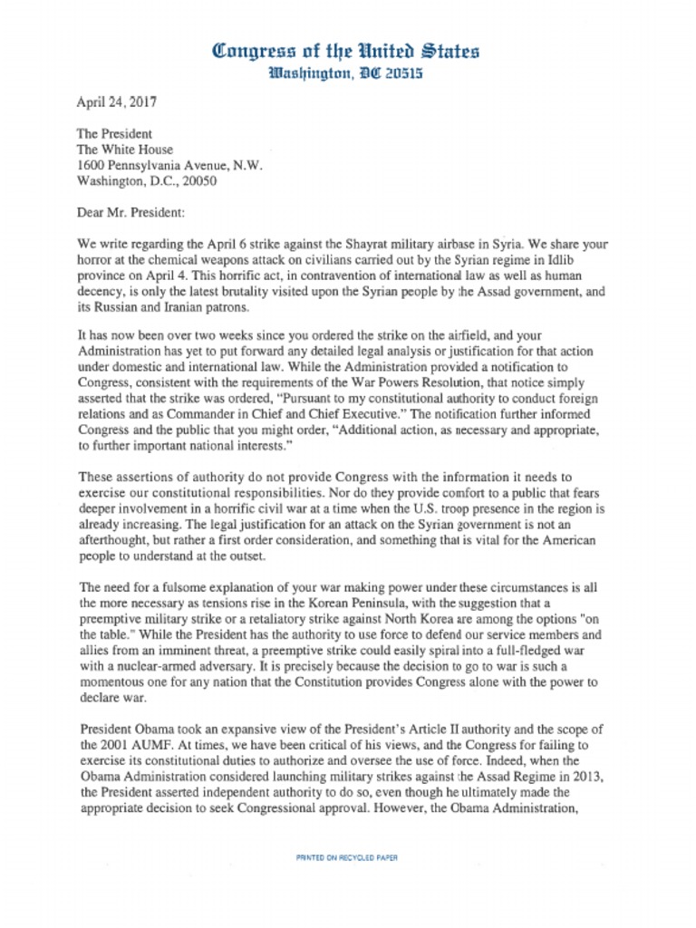 Schiff Kaine Letter To POTUS 4.24.17 | PDF