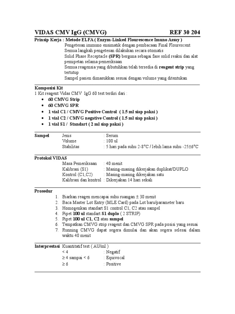 Tes ELFA VIDAS CMV IgG: Protokol & Komposisi | PDF