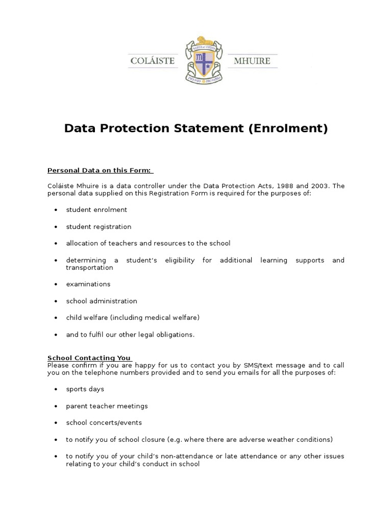 Data Protection Statement Enrolment | PDF | Information Privacy | Short ...