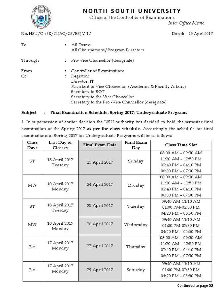 NSU Spring 2017 Final Exam Schedule | PDF | Final Examination | Test ...