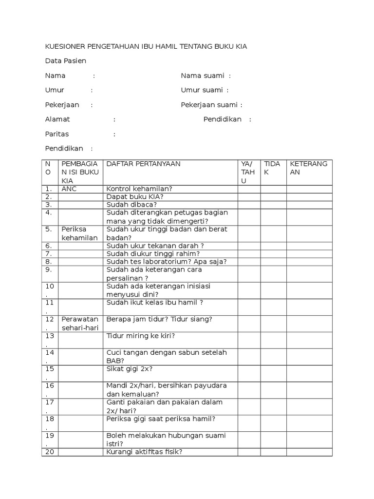 Kuesioner Pengetahuan Ibu Hamiltentang Buku Kia