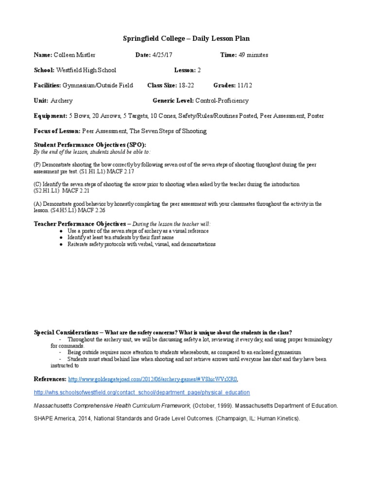 Springfield College - Daily Lesson Plan: by The End of The Lesson ...