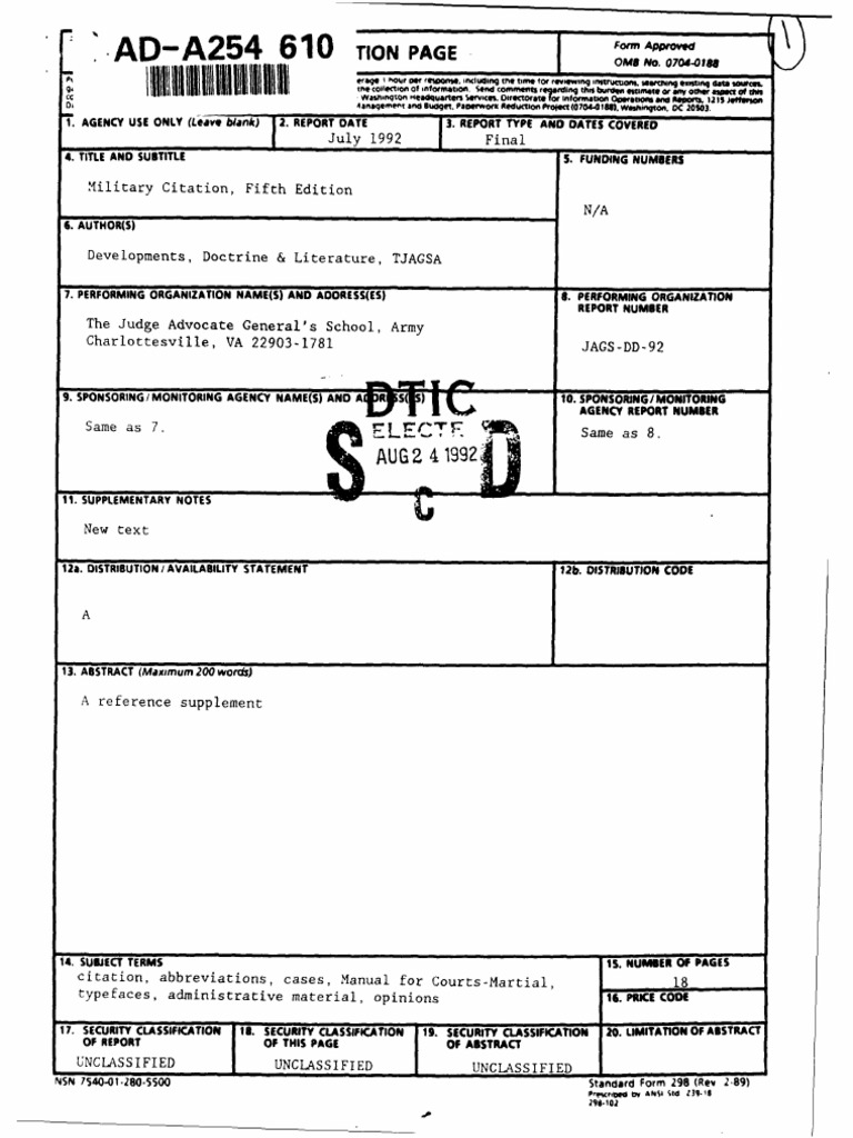 Military Citation a254610 | Judge Advocate General's Corps | Citation