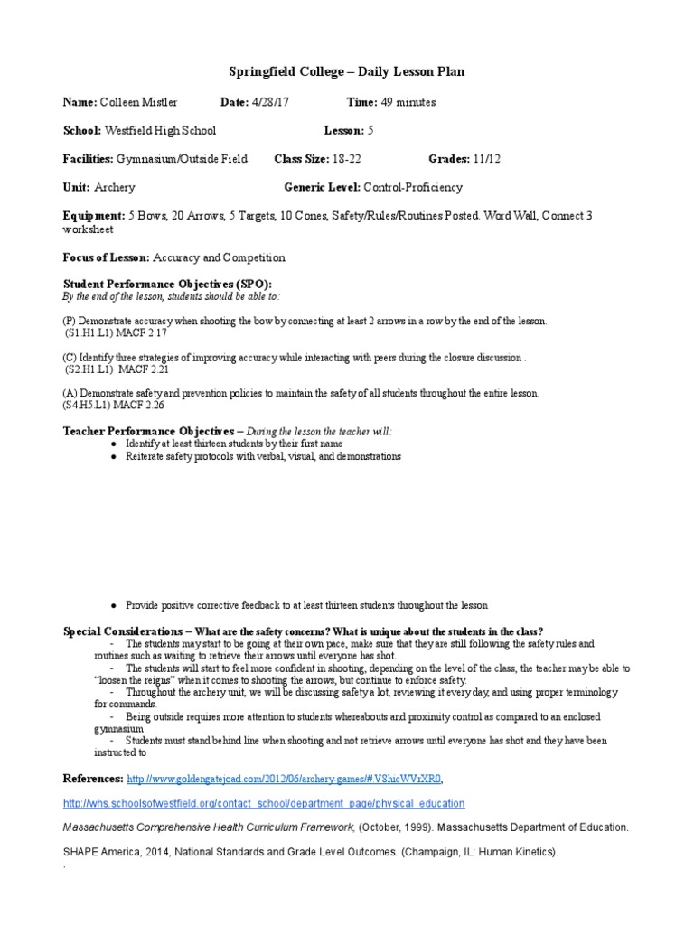 Springfield College - Daily Lesson Plan: Worksheet | PDF | Archery | Pedagogy