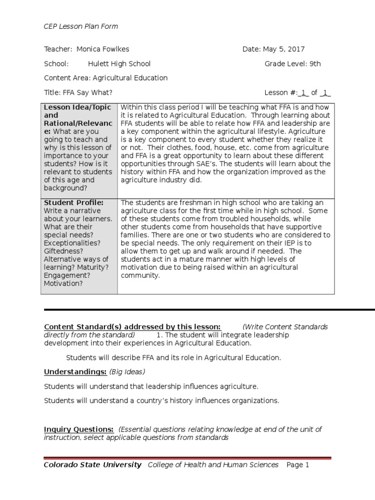 Ffa History Lesson Plan | PDF | Lesson Plan | Teaching