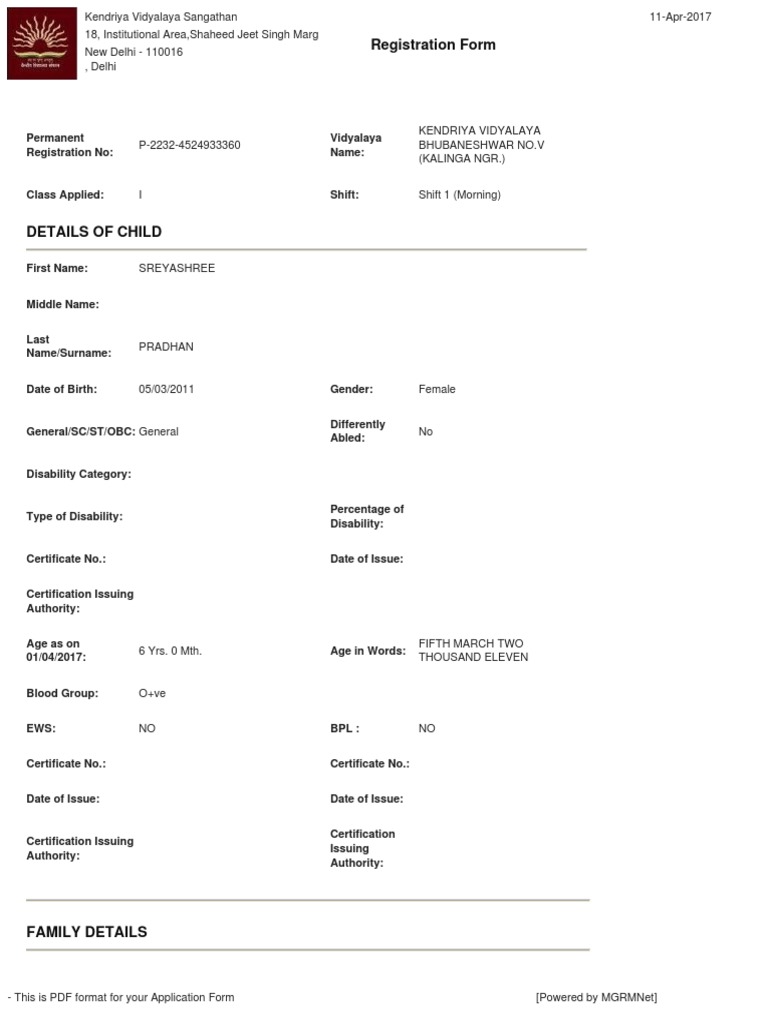 KV Registration Form | PDF