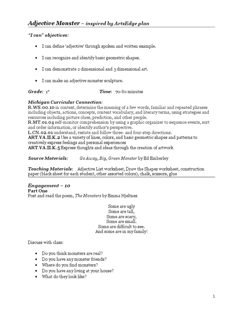 Adjective Monster Art Lesson Plan | PDF | Reading Comprehension | Sculpture
