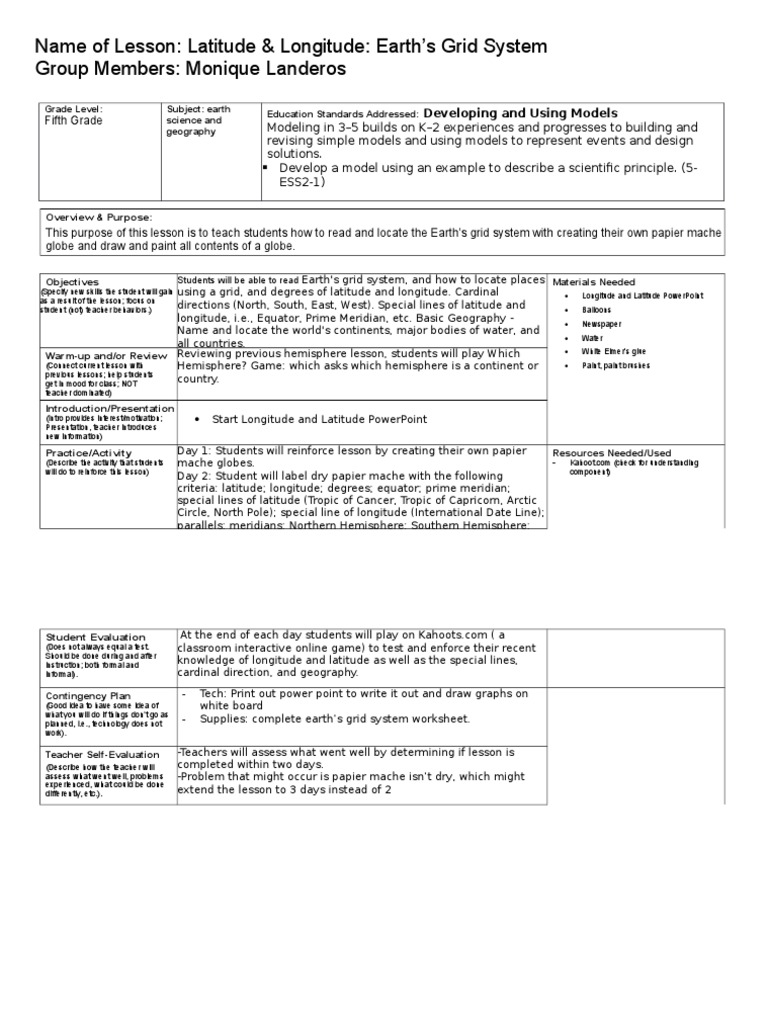 Latitude & Longitude Lesson Plan for 5th Grade | PDF | Longitude | Learning