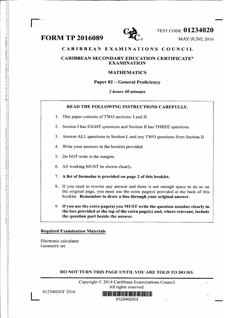 CXC Maths May June 2016 Past Paper PDF | PDF