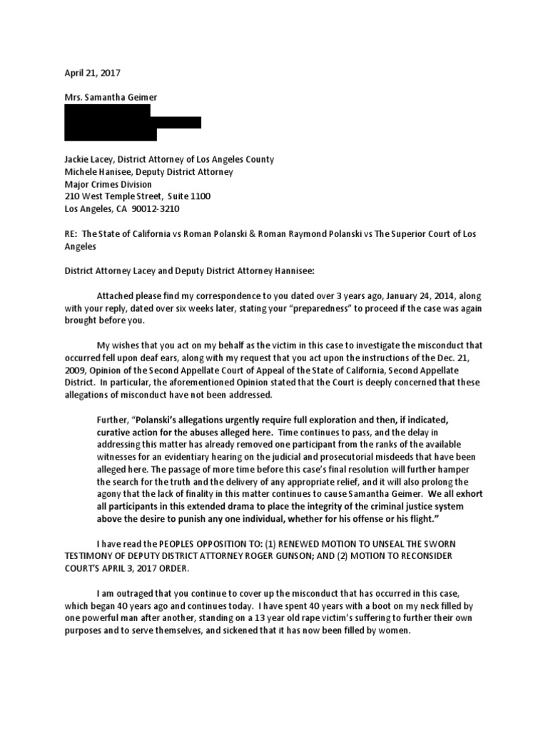 Geimer Letter To DA | PDF | Virtue | Crime & Violence