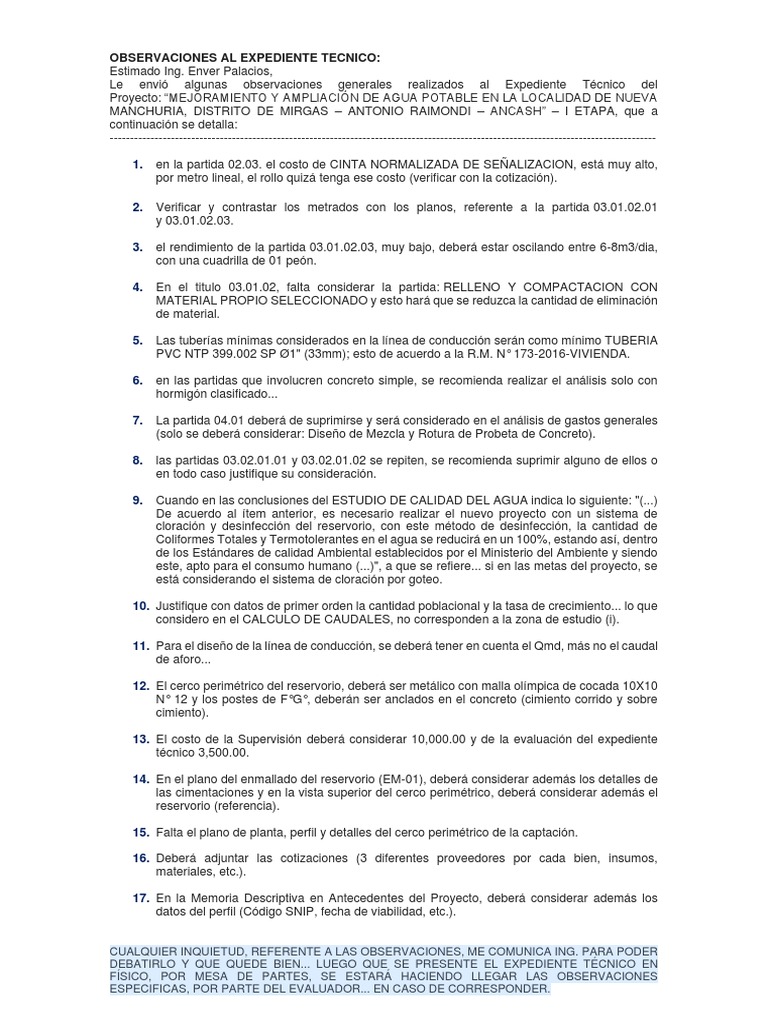 Observaciones Al Expediente Tecnico | Descargar gratis PDF | Reservorio | Agua