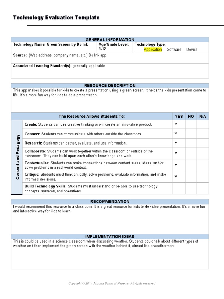 Technology Evaluation Template PTP Green Screen | PDF | Classroom ...