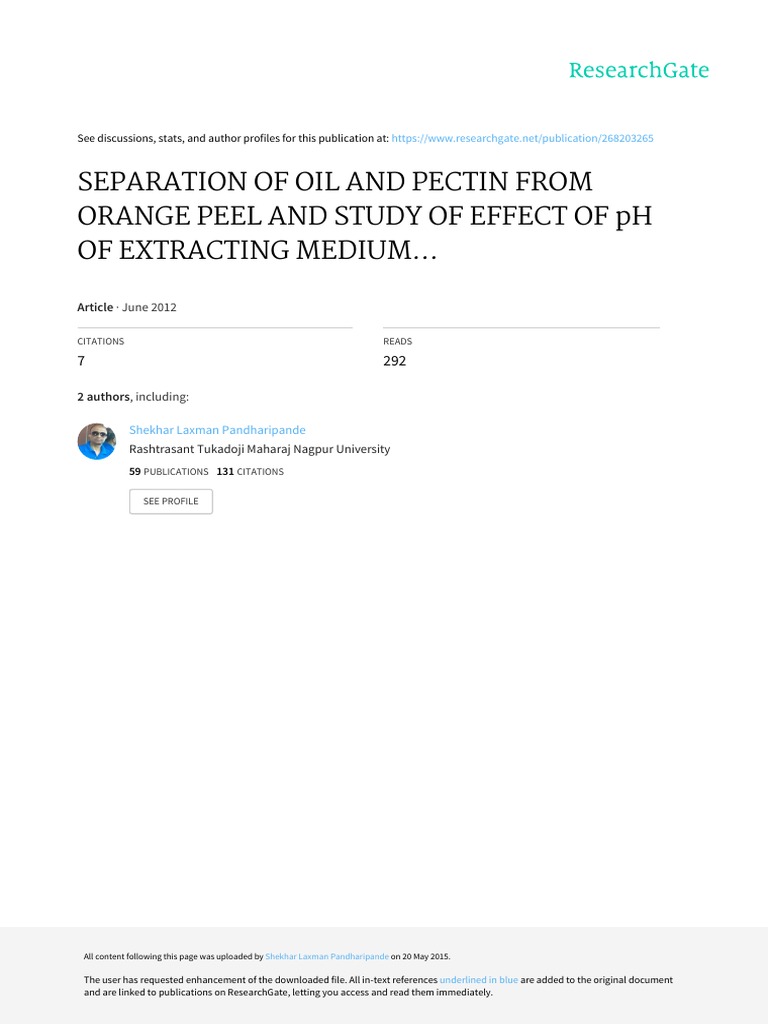 Separation of Oil and Pectin From Orange Peel and | PDF | Orange (Fruit ...