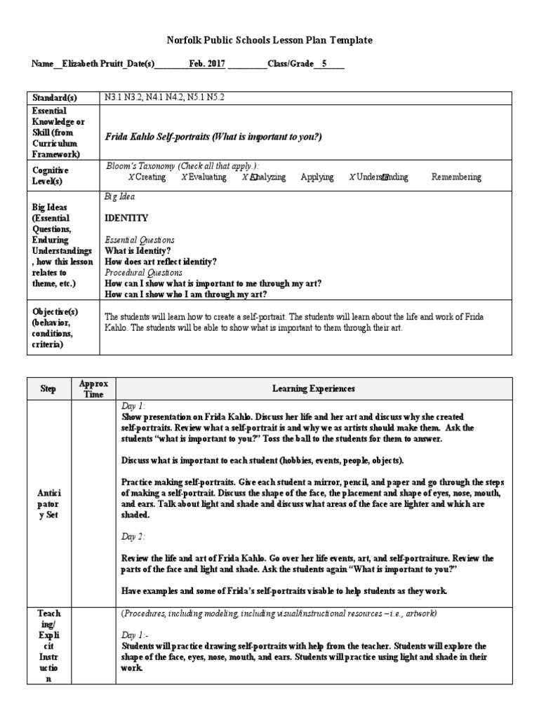 Frida Kahlo Self-Portrait Lesson Plan | PDF | Quality Of Life ...