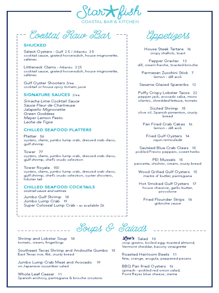 Starfish Houston Menu | Salad | French Fries