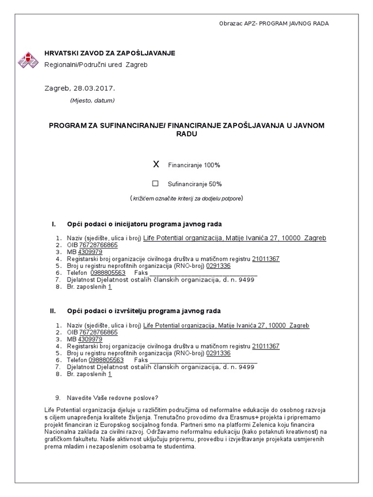 Obrazac Program Javnog Rada | PDF