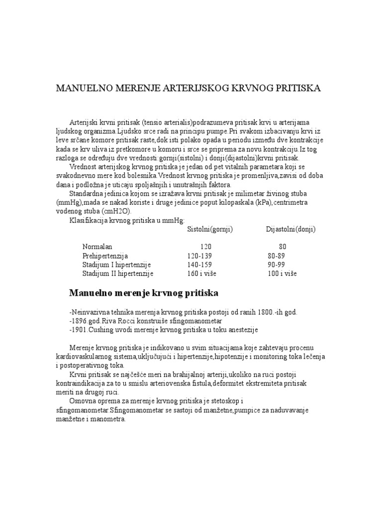 Manuelno Merenje Arterijskog Krvnog Pritiska | PDF
