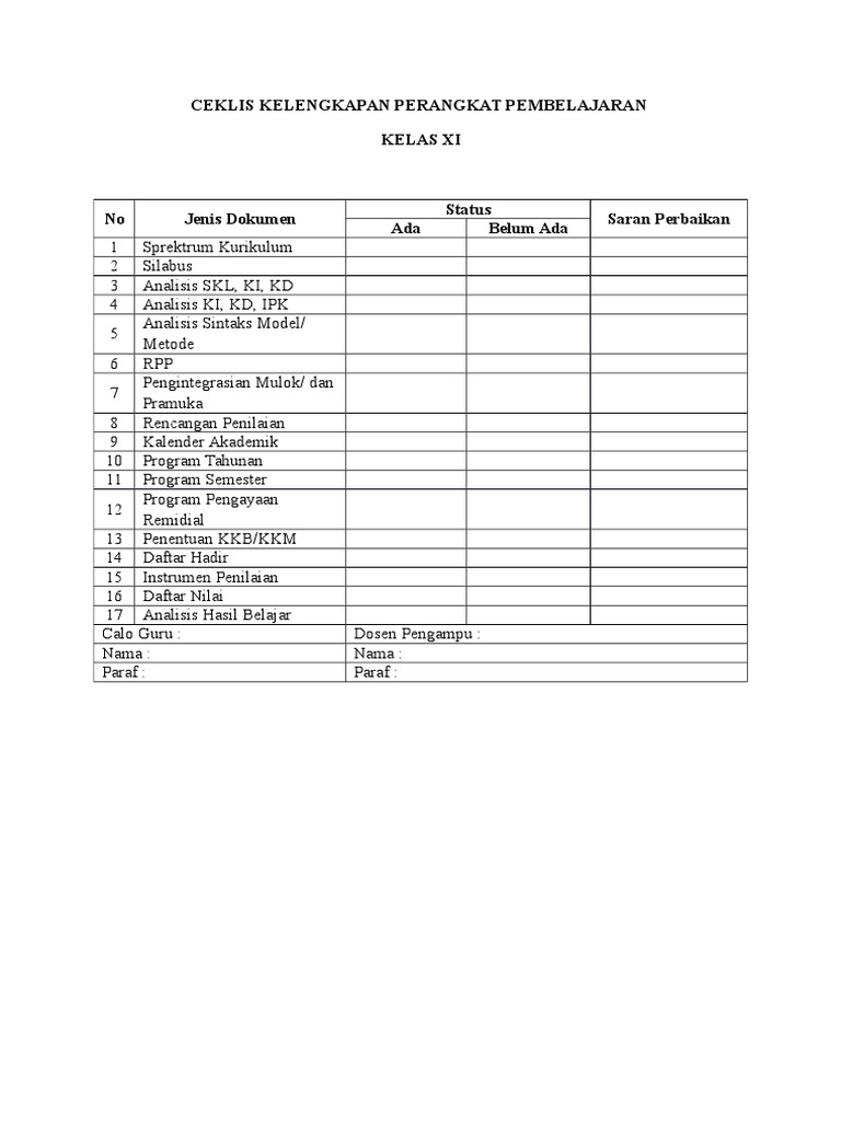 Ceklis Kelengkapan Perangkat Pembelajaran Kelas Xi | PDF