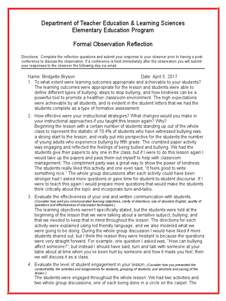 Teacher Reflection on Bullying Lesson | PDF | Classroom | Teachers