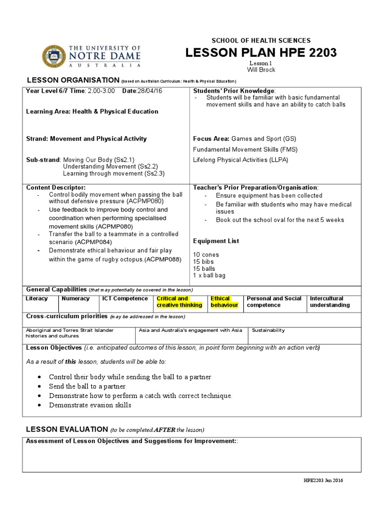 Lesson Plan Hpe 2203 | PDF | Physical Education | Educational Assessment