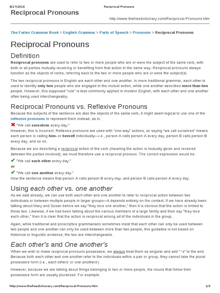 Reciprocal Pronouns | PDF | Pronoun | Subject (Grammar)