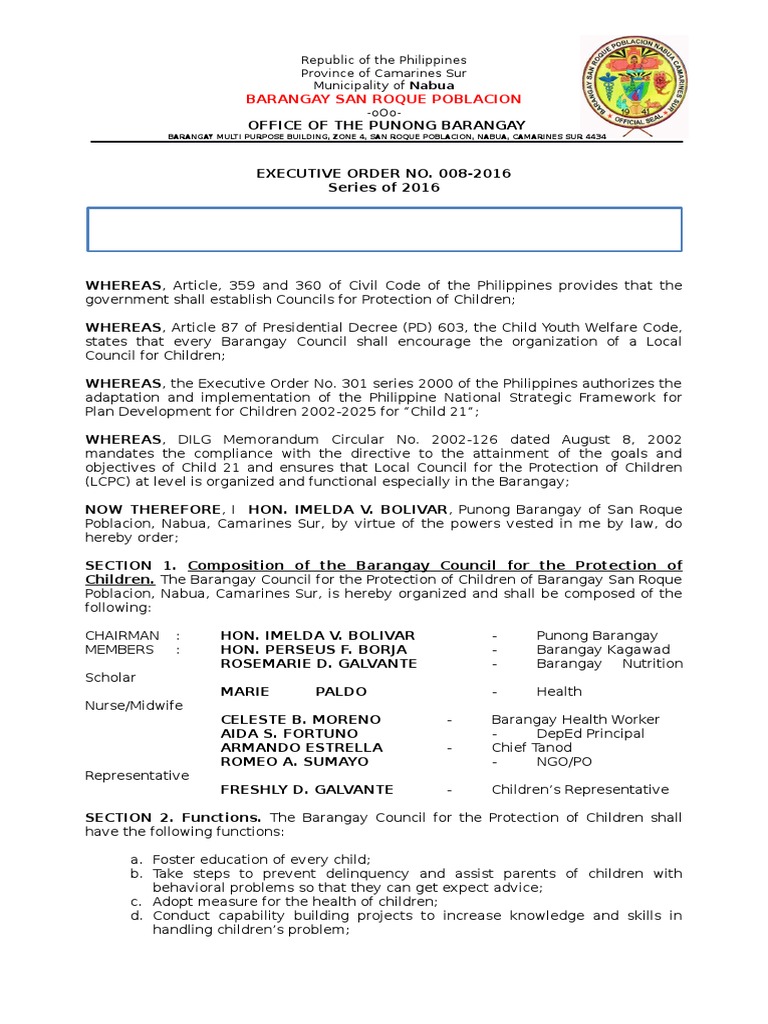 BCPC Executive Order 008-2016 | Government | Politics