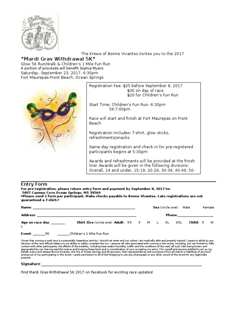 Mardi Gras Withdrawal 5K Registration Form | PDF | Government | Business