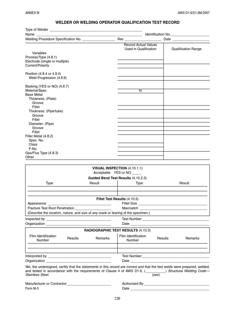 Welder or Welding Operator Qualification Test Record: Annex M AWS D1.6 ...