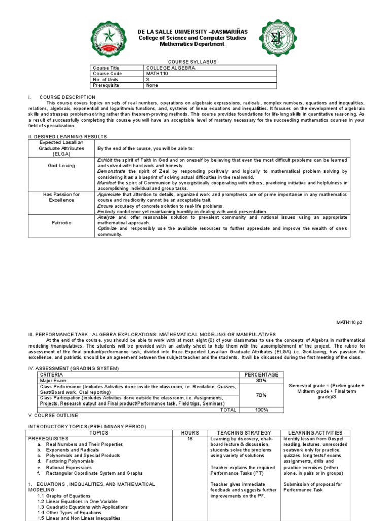 MATH110 Syllabus College Algebra - Doc 2014.doc Syllabus | PDF ...