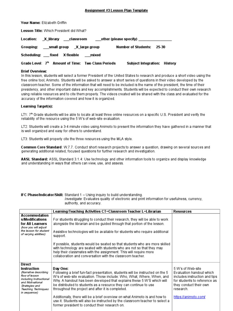 Assignment 3 Lesson Plan Griffin | PDF | Lesson Plan | Educational ...