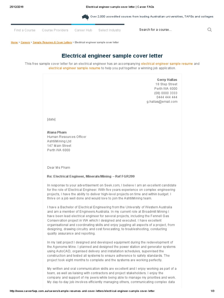 Electrical Engineer Sample Cover Letter - Career FAQs | PDF ...