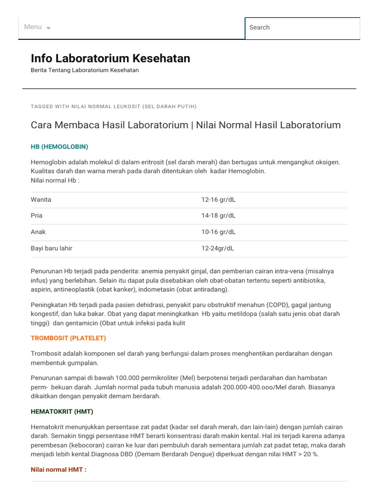 Nilai NOrmal LEUKOSIT (SEL DARAH PUTIH) Info Laboratorium Kesehatan | PDF