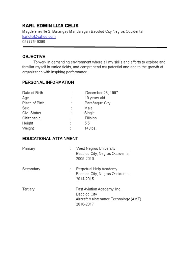 Karl Edwin Liza Celis: Objective | PDF